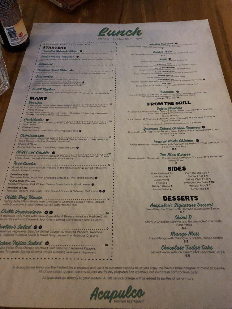 Menu at Acapulco Mexican Restaurant, Dublin
