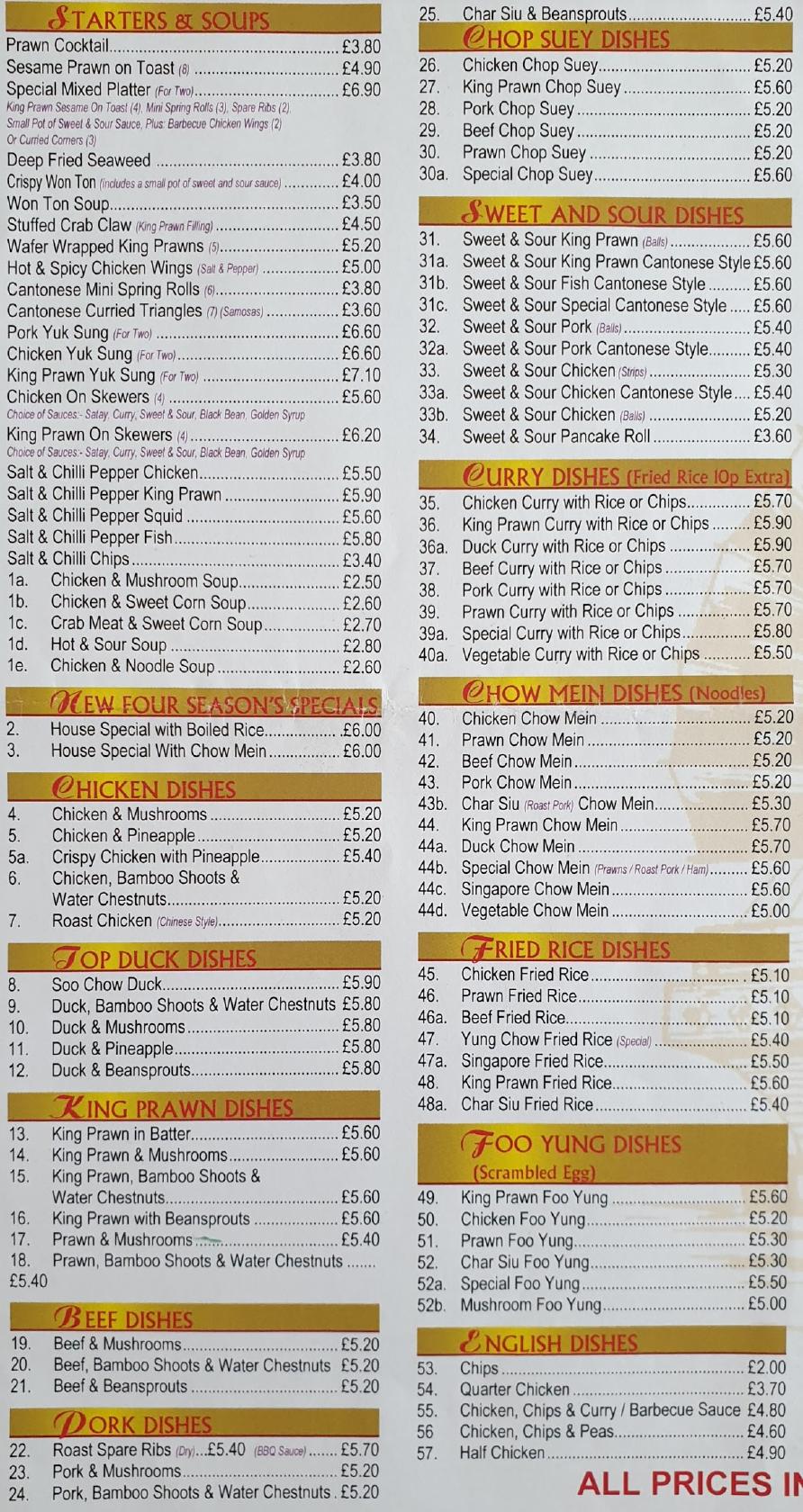 Menu at New Four Seasons Chinese fast food, Sutton Coldfield