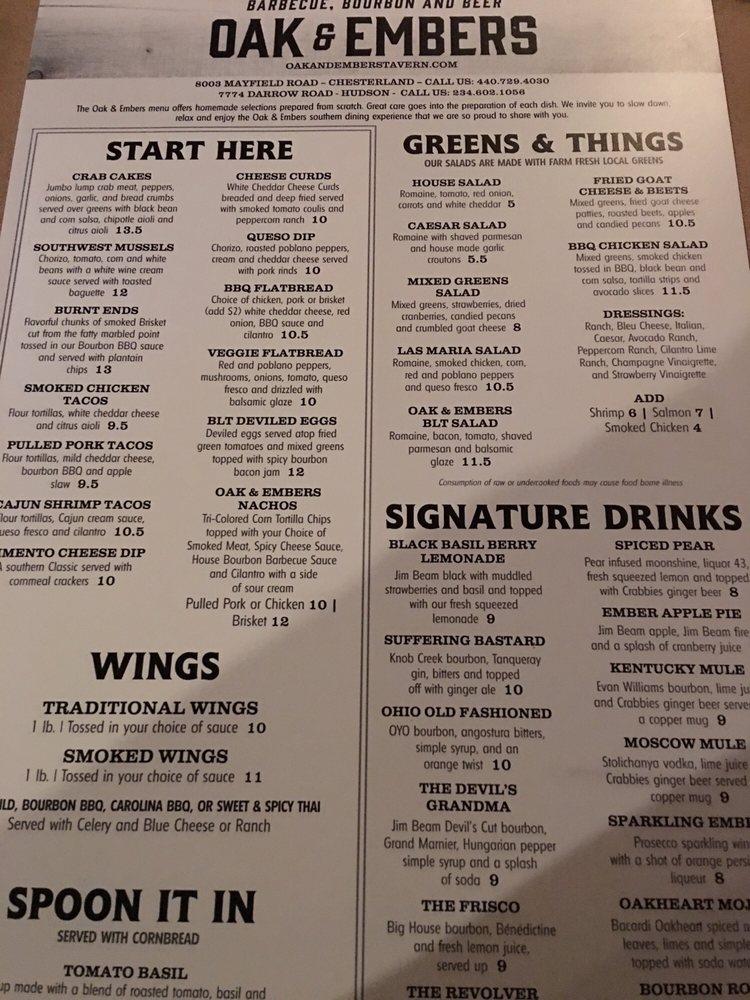 Menu at Oak & Embers Tavern restaurant, Chesterland