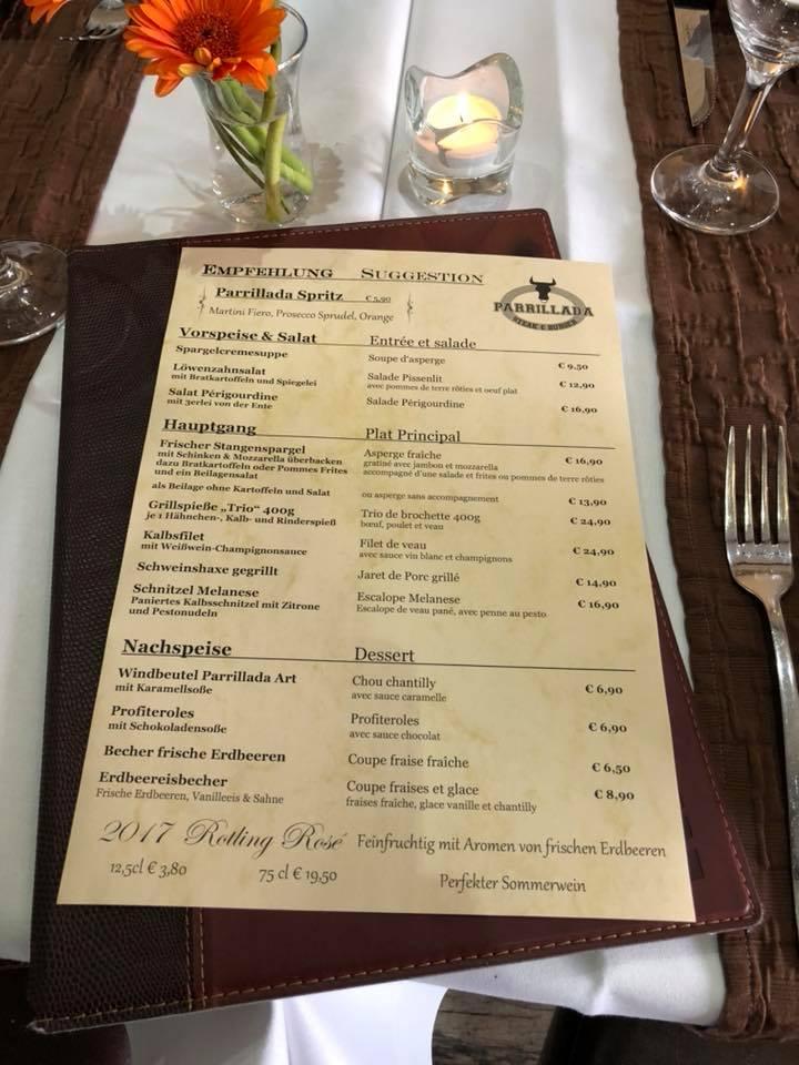 Menu at Parrillada steakhouse, Überherrn