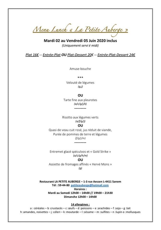 Menu at La Petite Auberge restaurant, Sanem