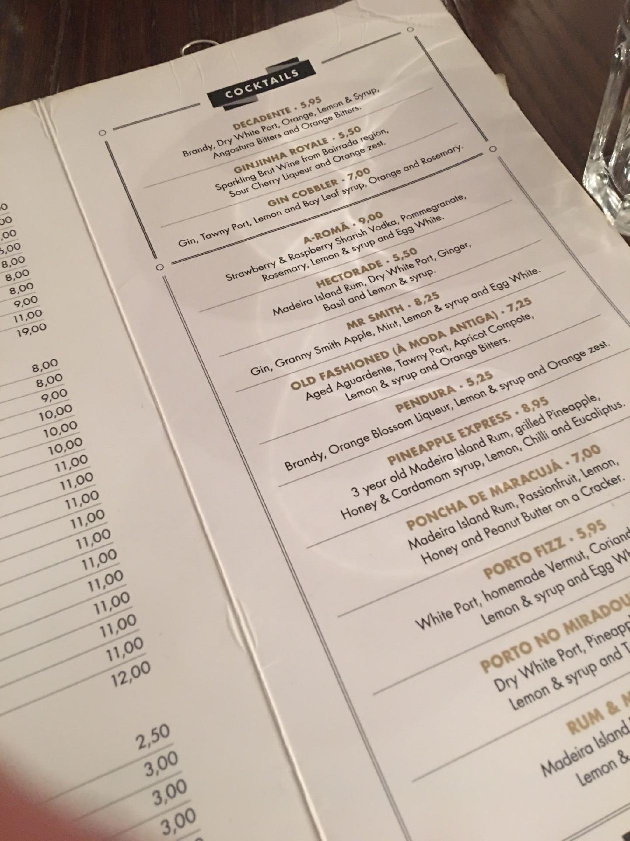 Menu at The Decadente restaurant, Lisbon