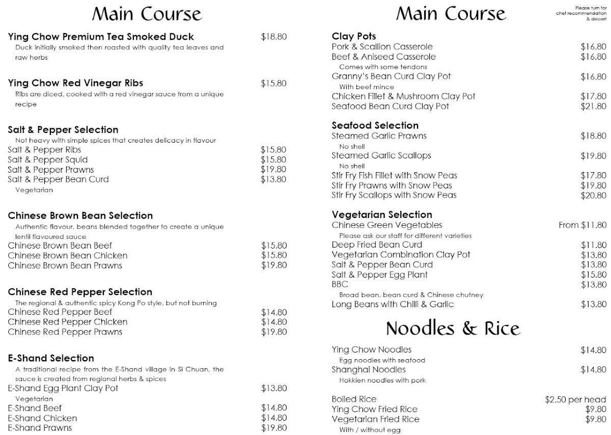 Menu at Ying Chow Chinese Restaurant, Adelaide