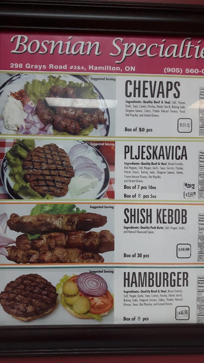 Menu at Bosnian Specialties restaurant, Hamilton