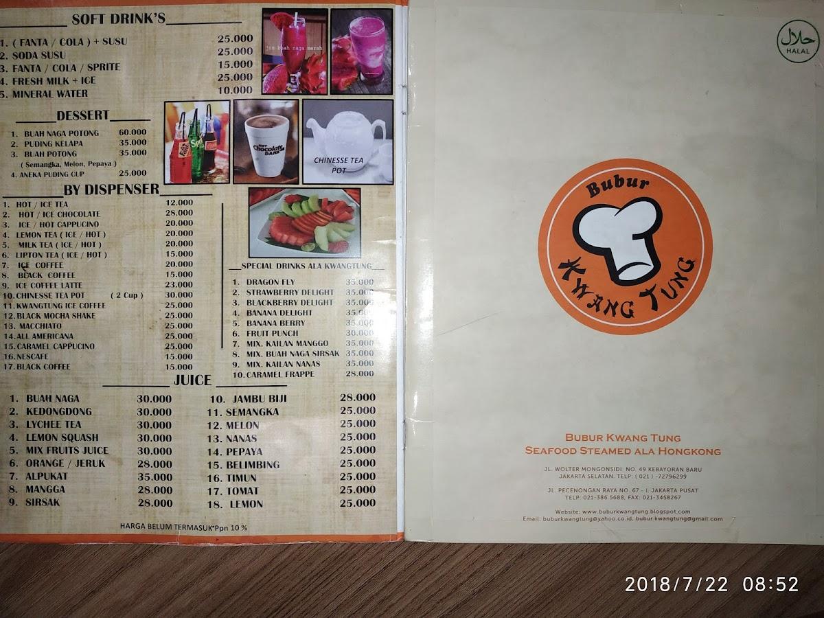 Menu at Bubur Kwangtung restaurant, Jakarta, Jl. Wolter Monginsidi No.49