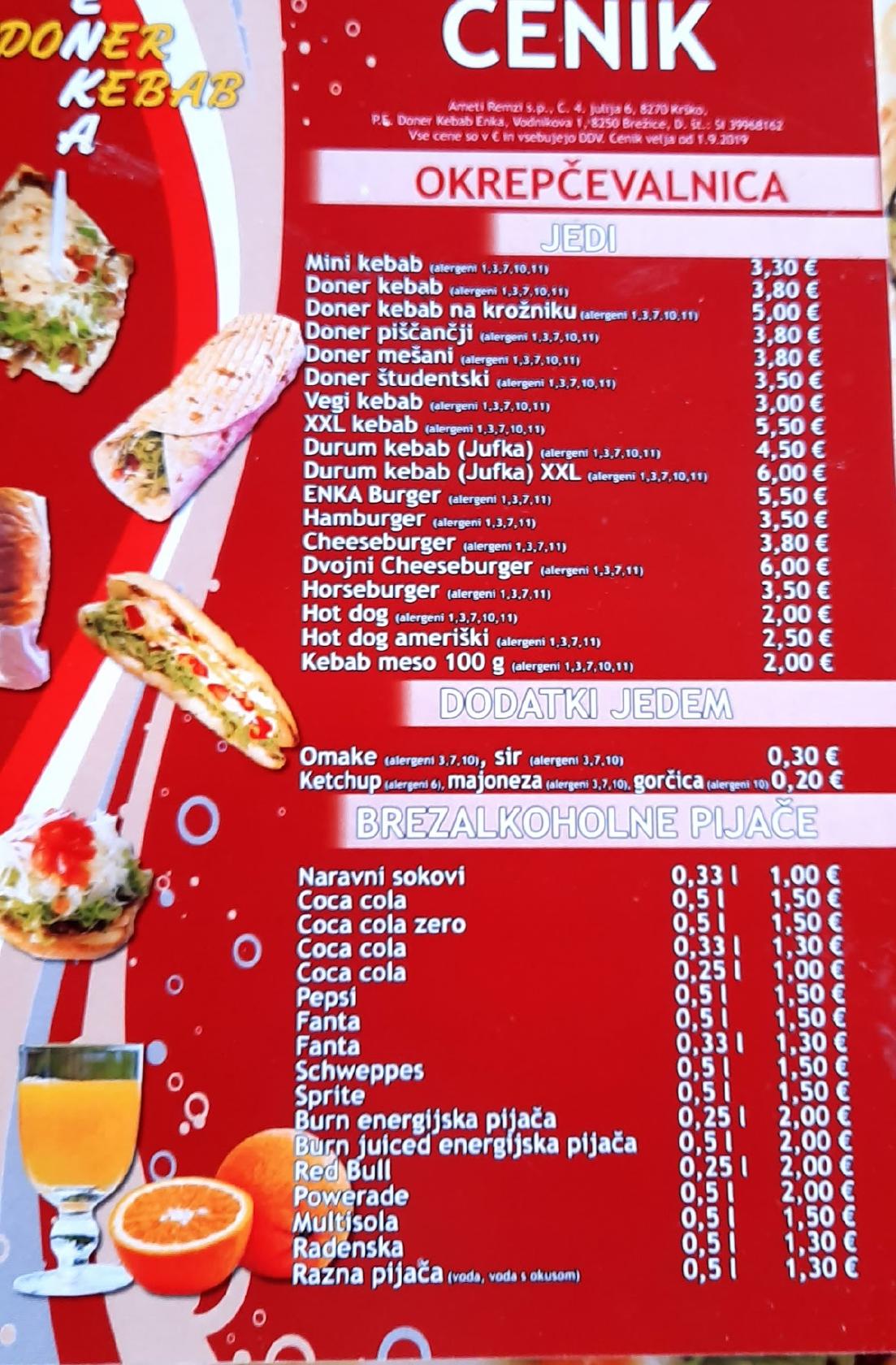 Menu at Doner Kebab Enka restaurant, Brežice