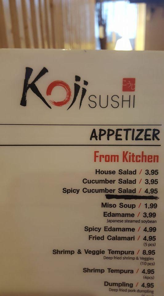 Menu at Koji Sushi restaurant, McKinney, 101 N McDonald St