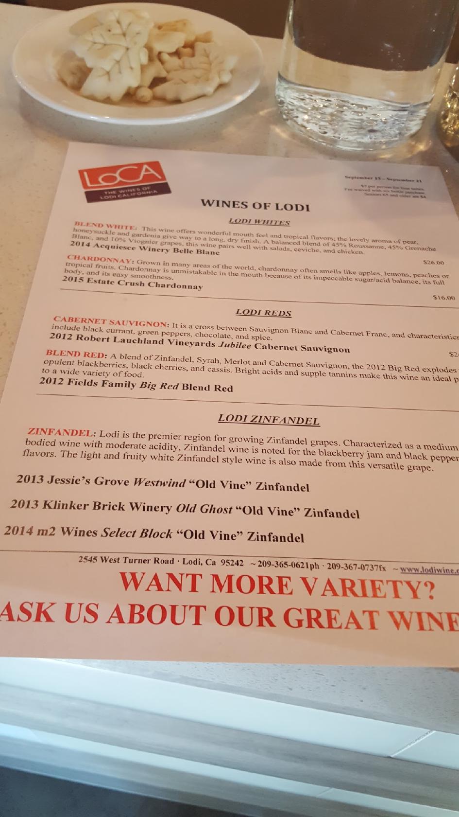 Carta de Lodi Wine Visitor Center, Lodi