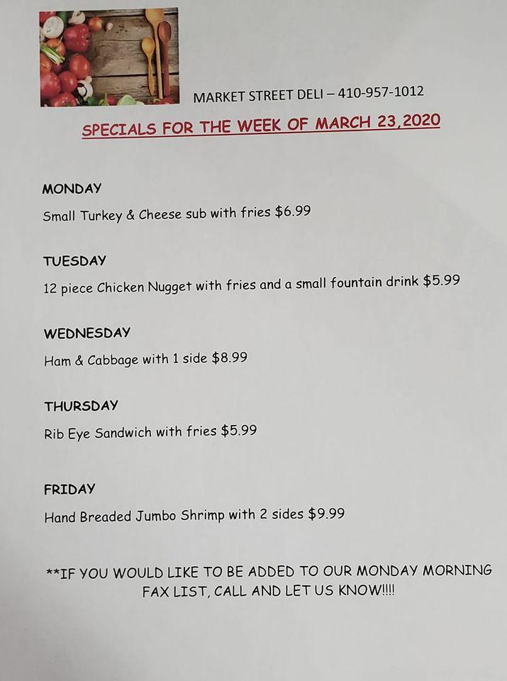 Carta del restaurante Market Street Deli, Pocomoke City, Market St