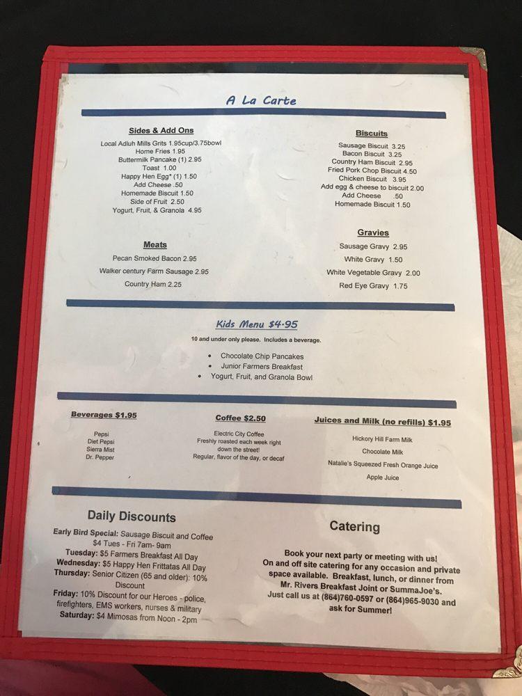 Menu at Mr. Rivers Breakfast Joint restaurant, Anderson