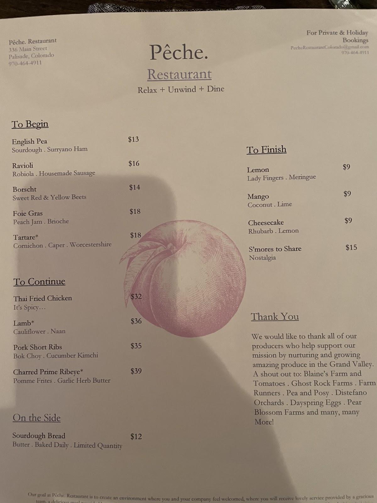 Menu at Pêche. Restaurant, Palisade