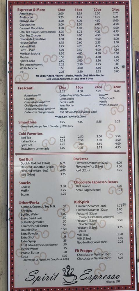 Menu at Spirit Espresso LLC cafe, Albany