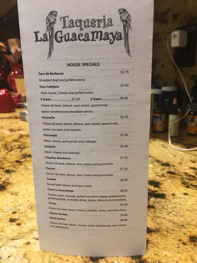 Menu at Taqueria La Guacamaya restaurant, Rogue River, Rogue River Hwy