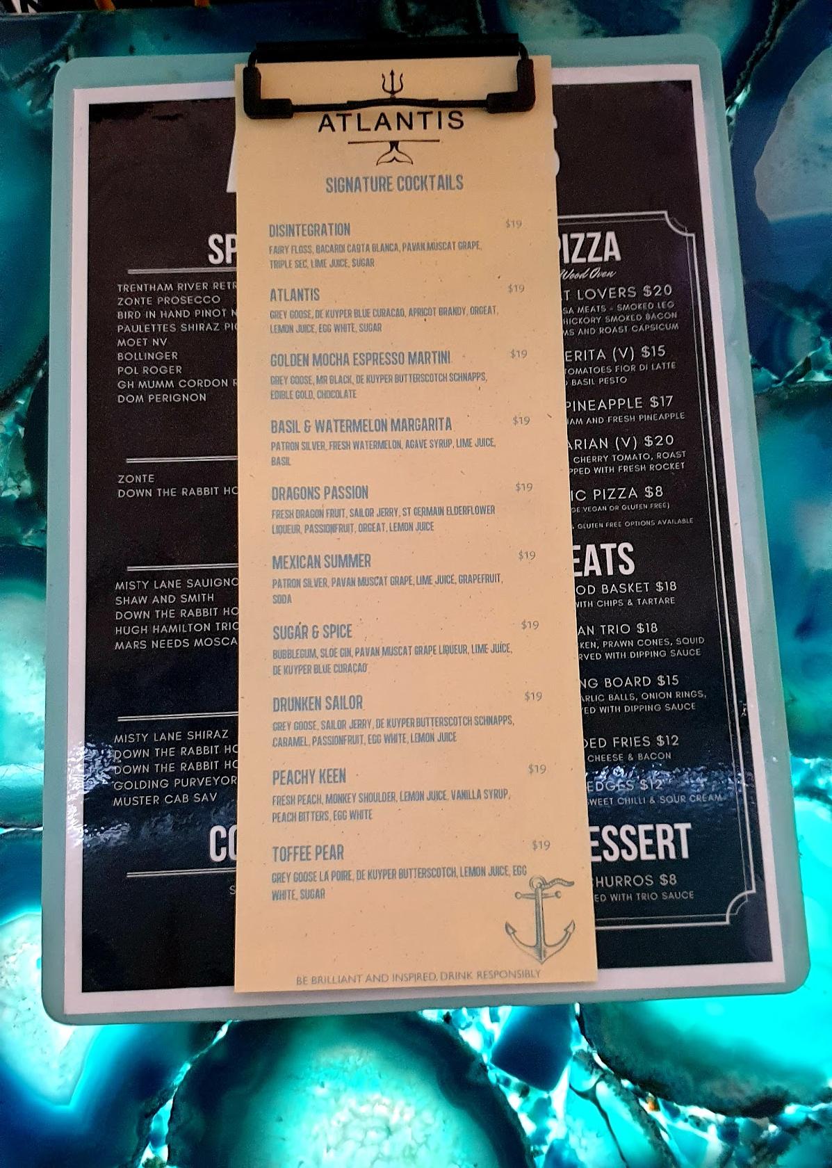Menu at Atlantis Lounge Bar, Adelaide