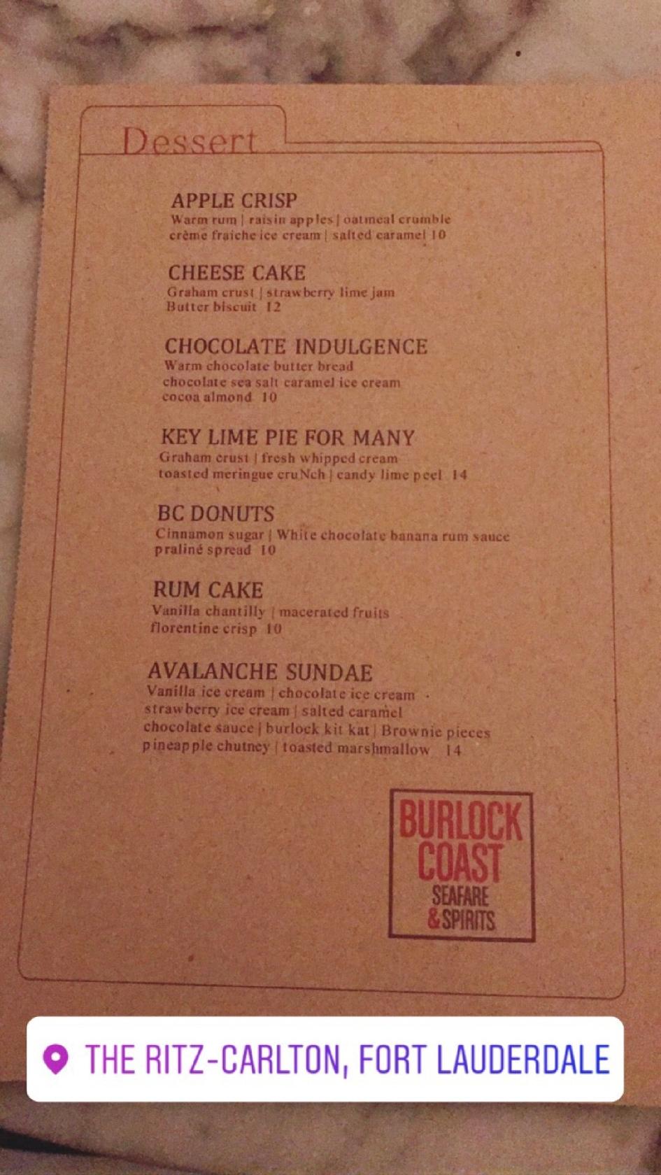 Menu at Burlock Coast restaurant, Fort Lauderdale