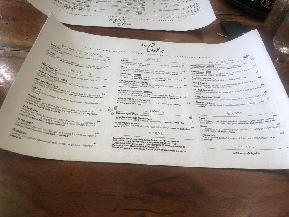 Menu at DelCielo cafe, Tulum, Satélite Sur 5