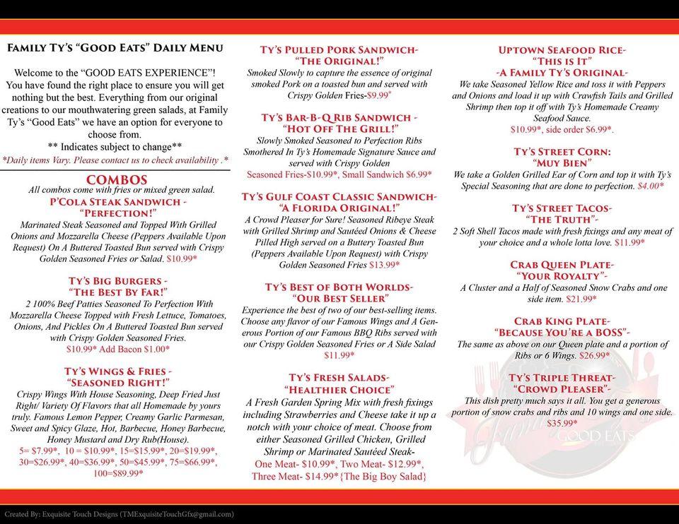 Menu at Family Ty's "Good Eats" restaurant, Pensacola