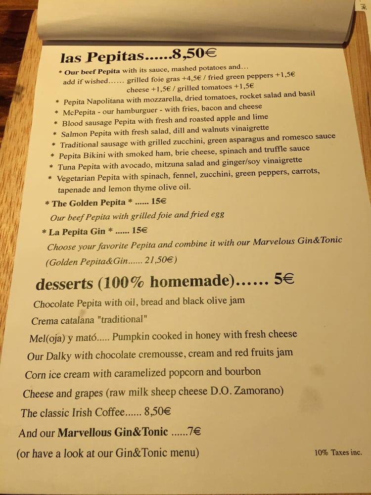 Menu at La Pepita pub & bar, Barcelona, C/ de Còrsega