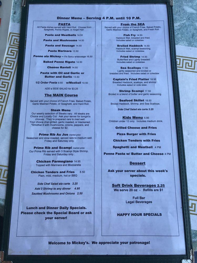 Menu at Mickey's restaurant, Olean