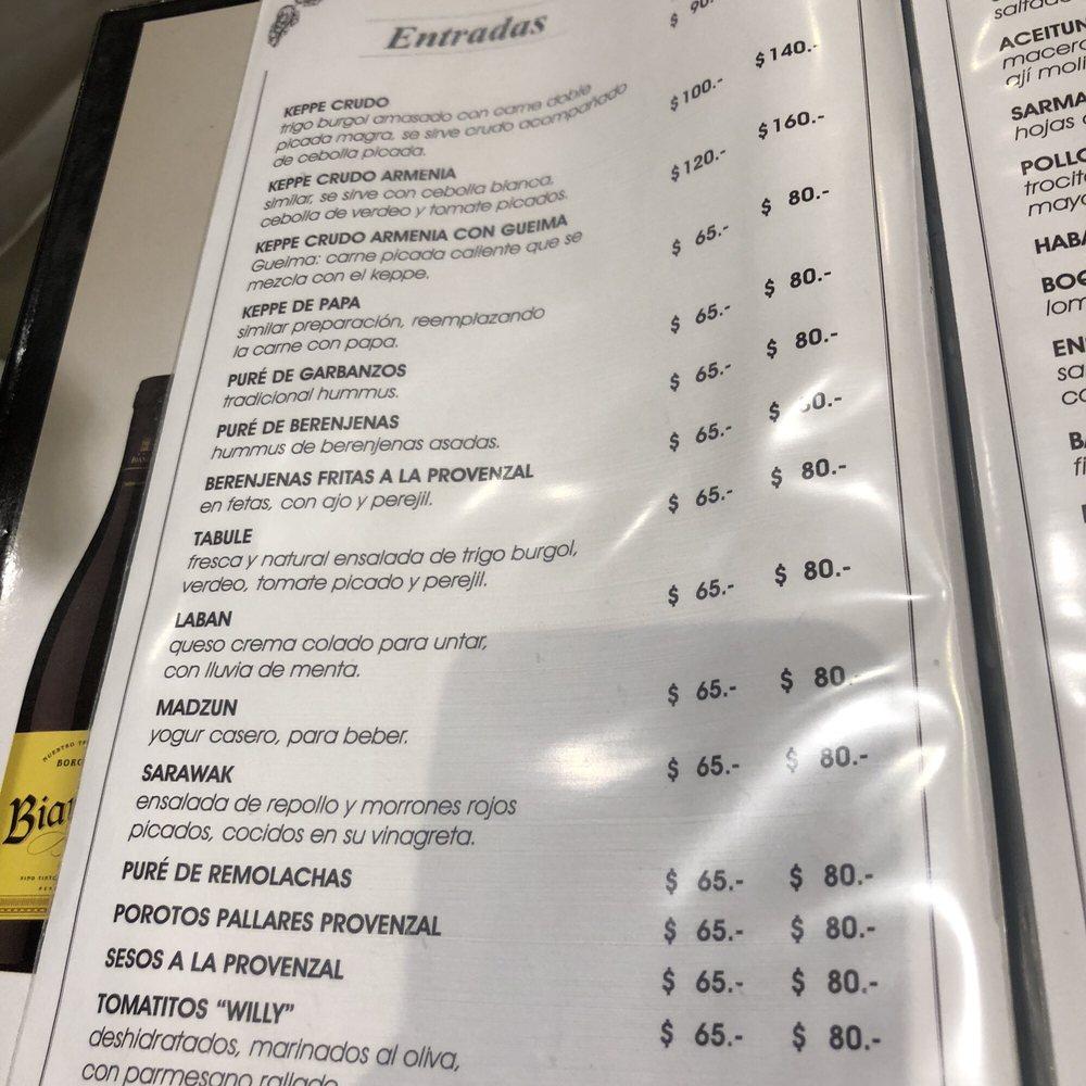 Carta del restaurante Sarkis, Buenos Aires