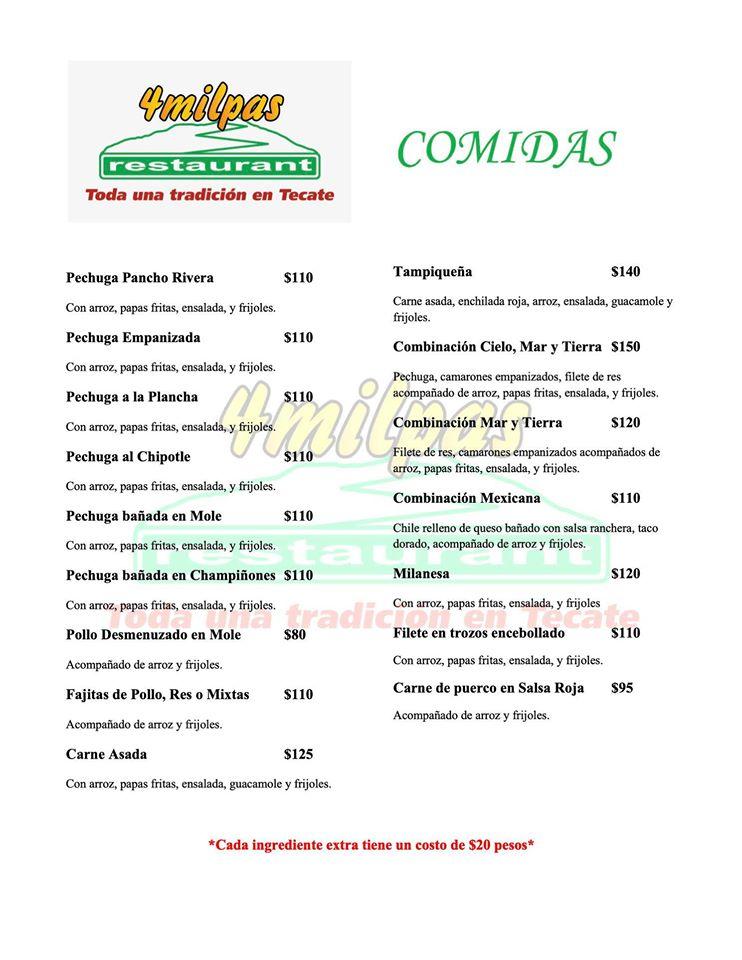 Menu at 4 Milpas Restaurant, Tecate