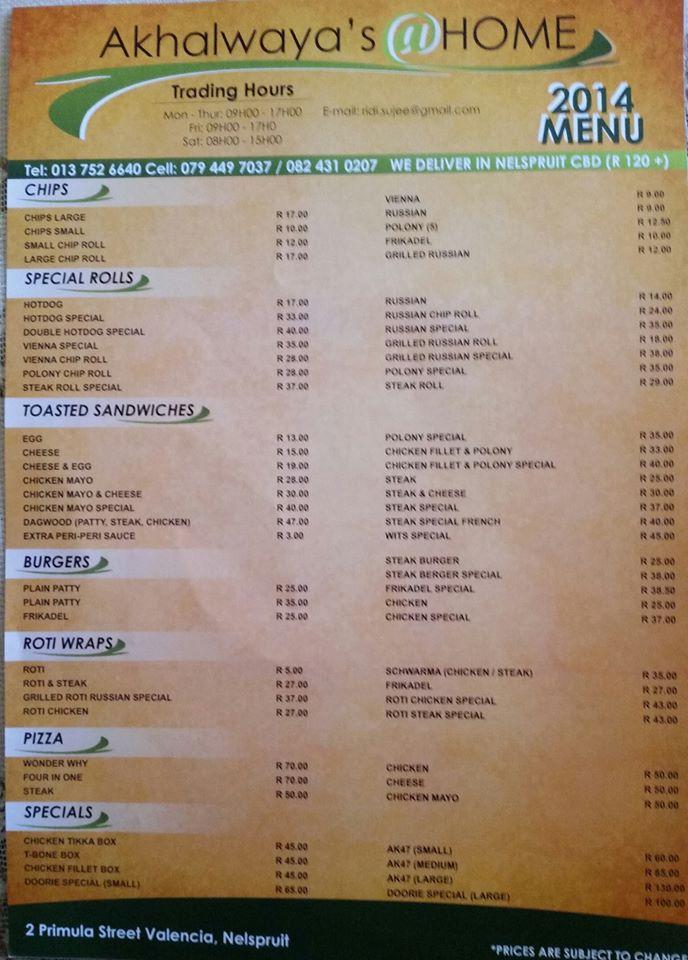 Menu at Akhalwayas Foods restaurant, Nelspruit