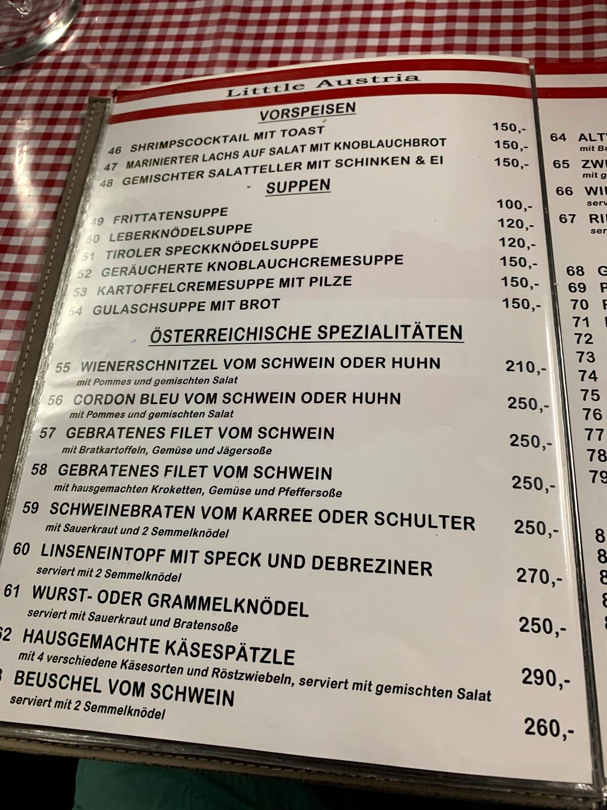 Menu at Austria Restaurant, Ko Samui