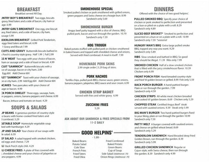 Menu at Back Porch Smokehouse BBQ, Mount Vernon, Lake Linville Rd