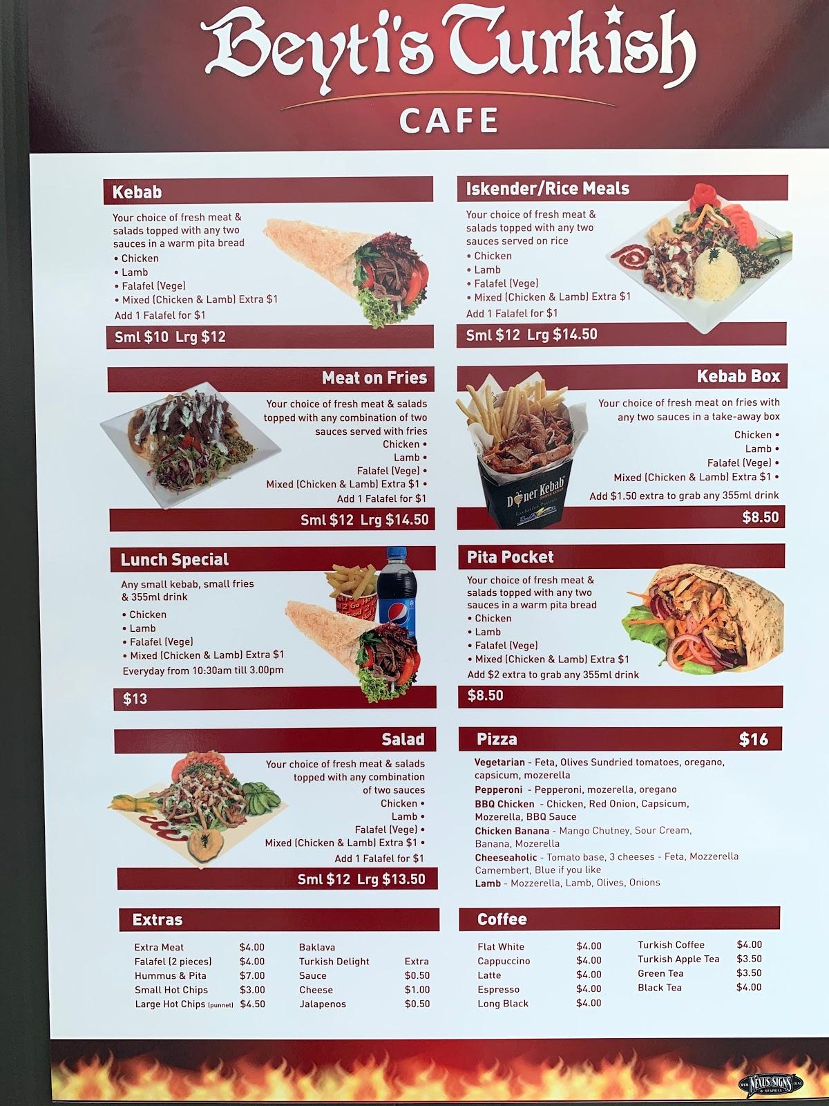Menu at Beyti’s Turkish Cafe, Kawerau