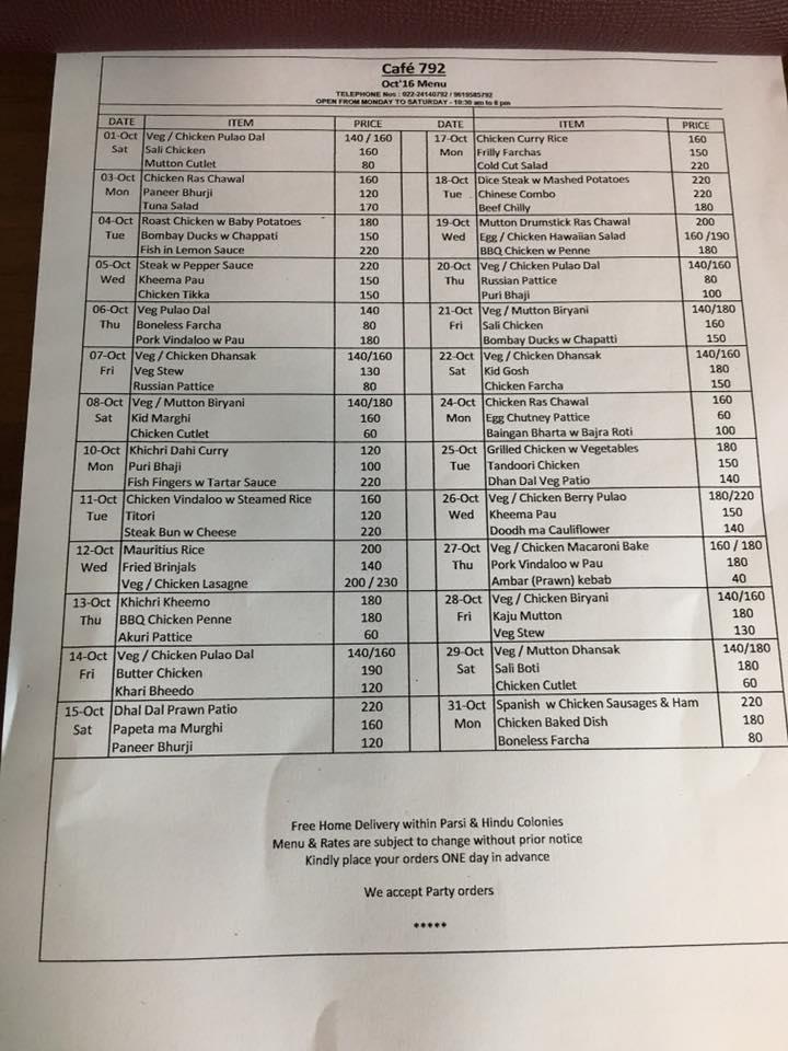Menu at Café 792, Mumbai