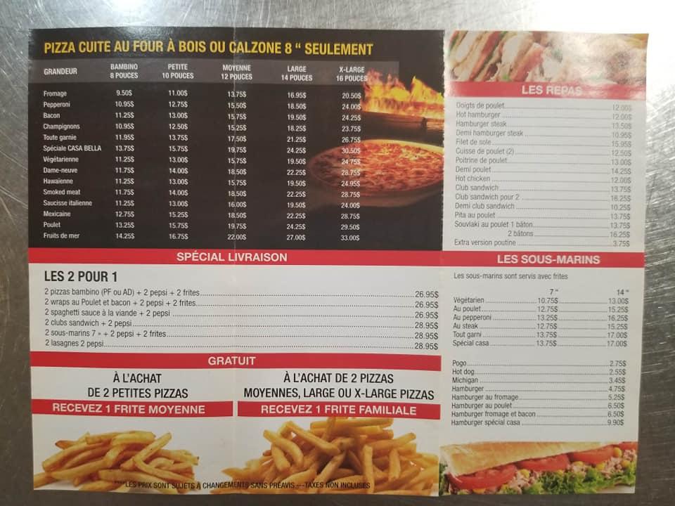 Menu au Casa Bella pizzeria, Lachute