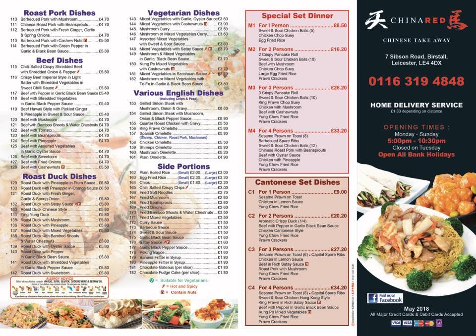 Menu at China Red restaurant, Leicester