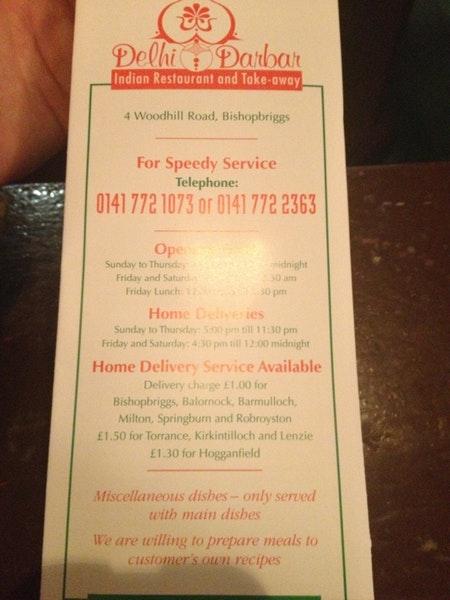 Menu at Delhi Darbar, Glasgow