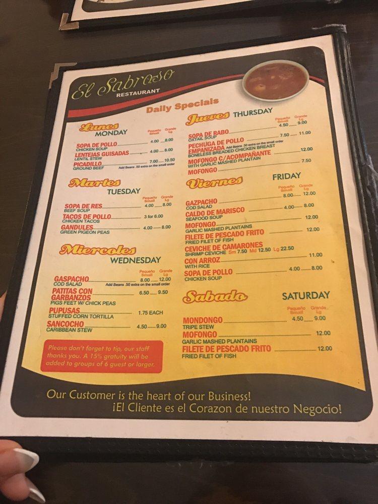 Menu at El Sabroso restaurant, Jersey City