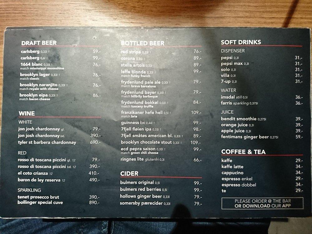 Menu at Holy Cow restaurant, Bergen