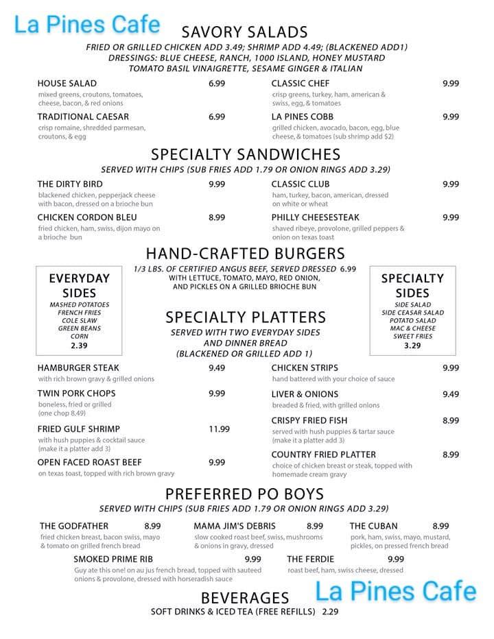 Menu at La Pines Cafe, Slidell