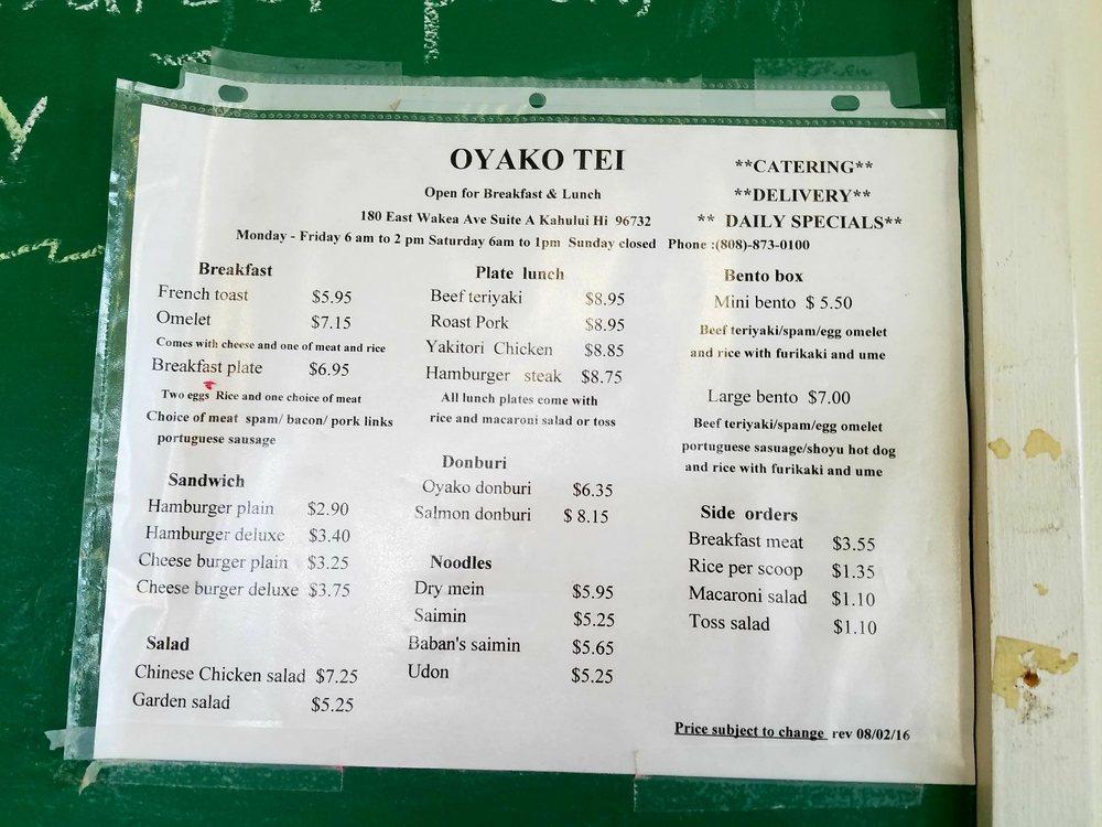 Carta del restaurante Oyako Tei, Kahului
