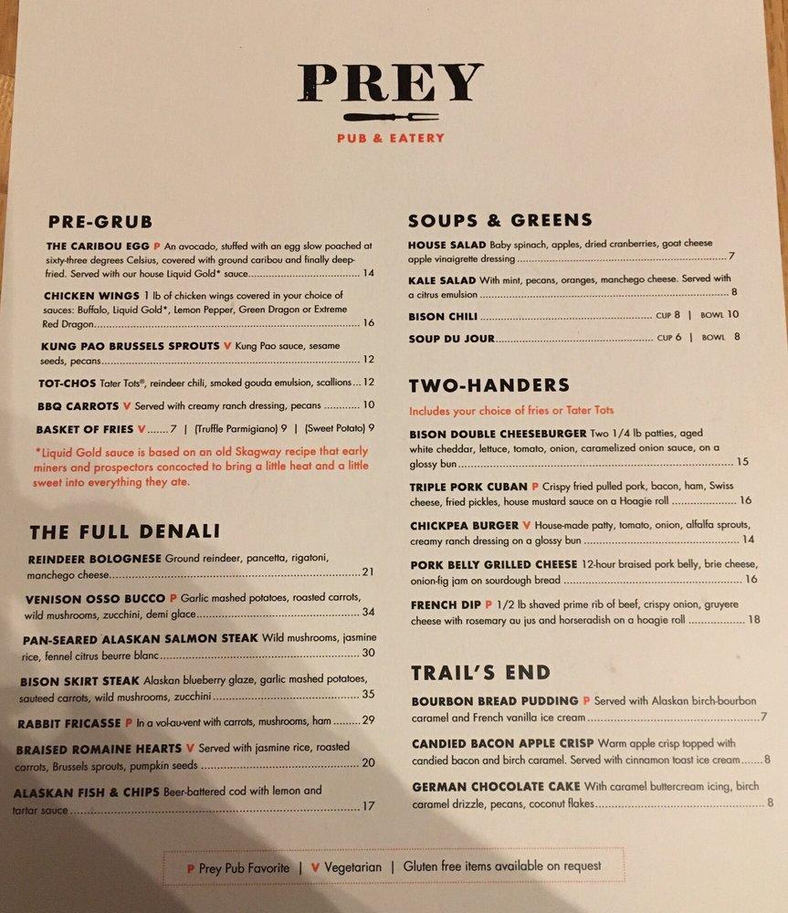 Menu at Prey Pub & Eatery, McKinley Park