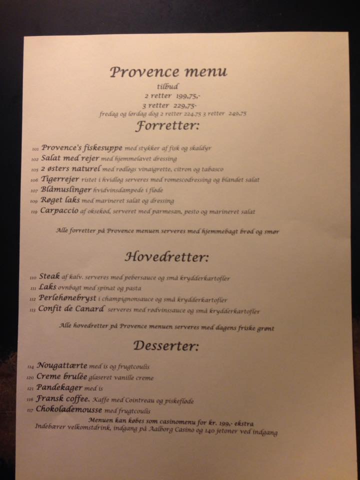 Menu at Provence restaurant, Aalborg