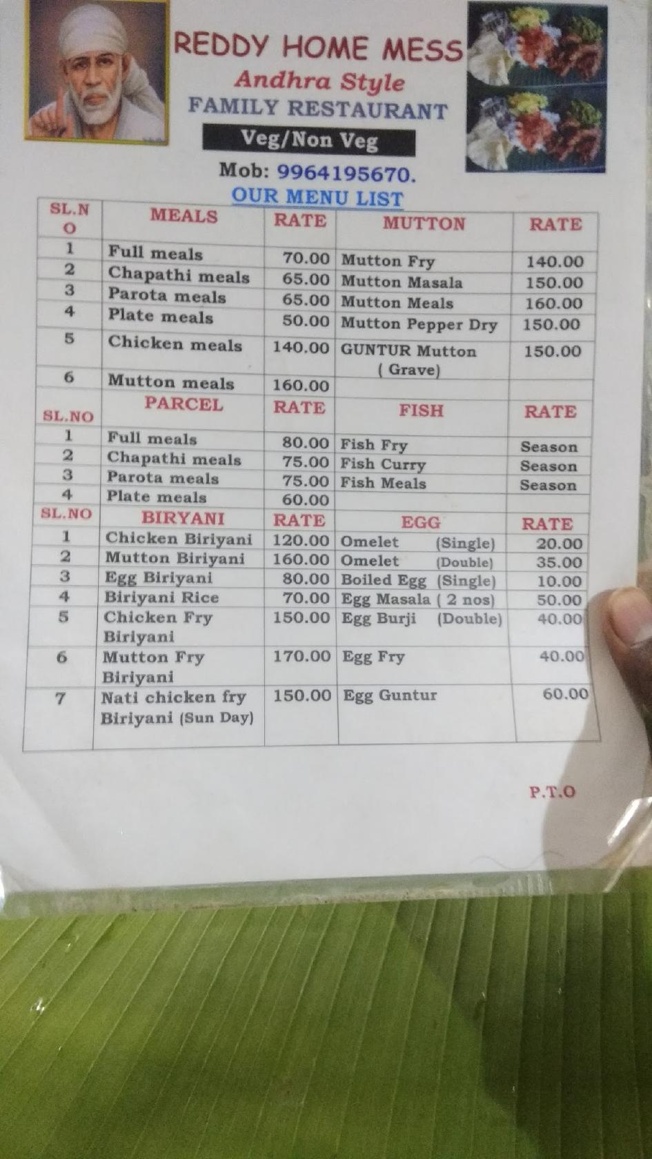 Menu at Reddy Home Mess, Bengaluru