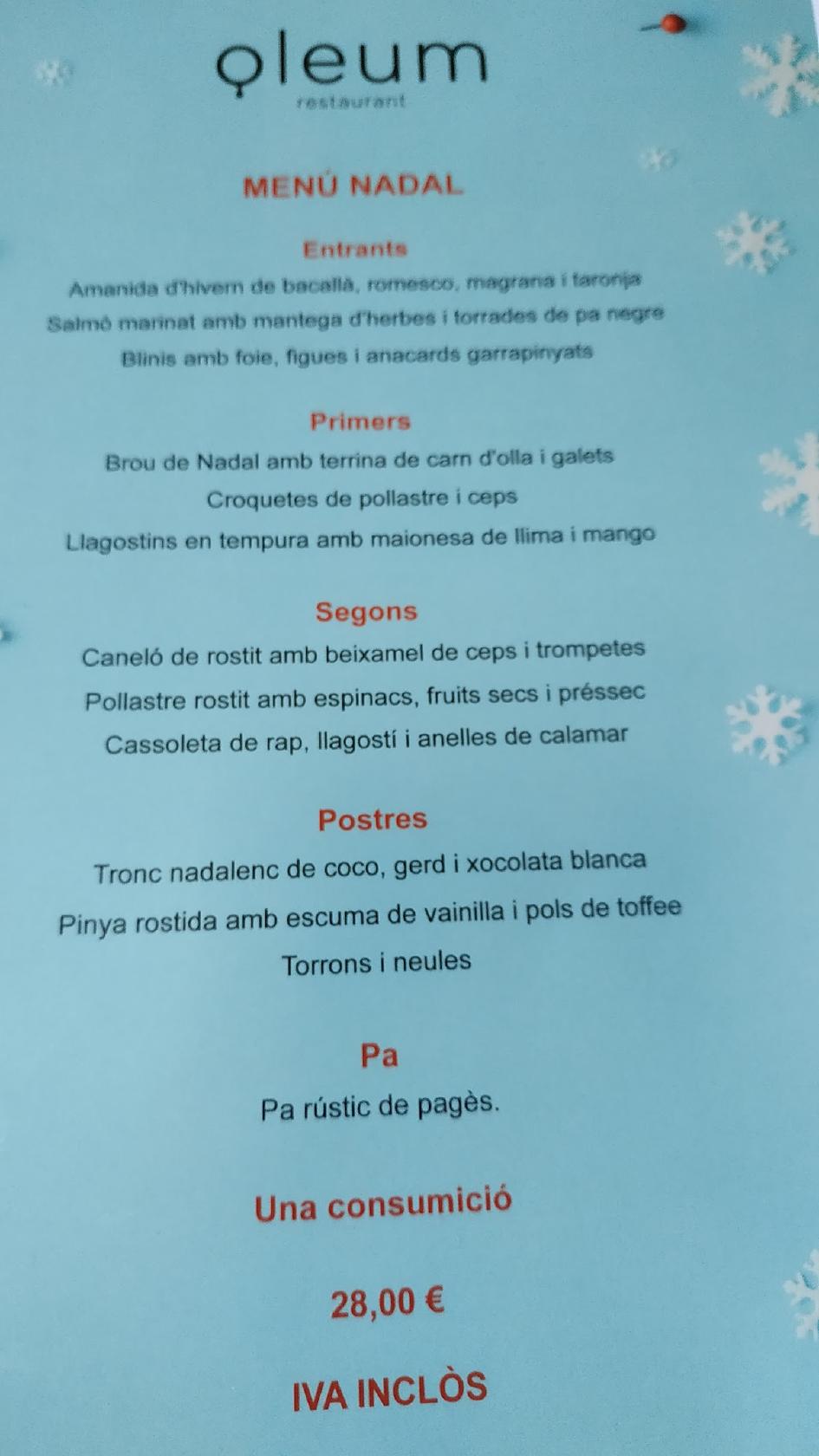 Menu at Restaurant Òleum, Barcelona