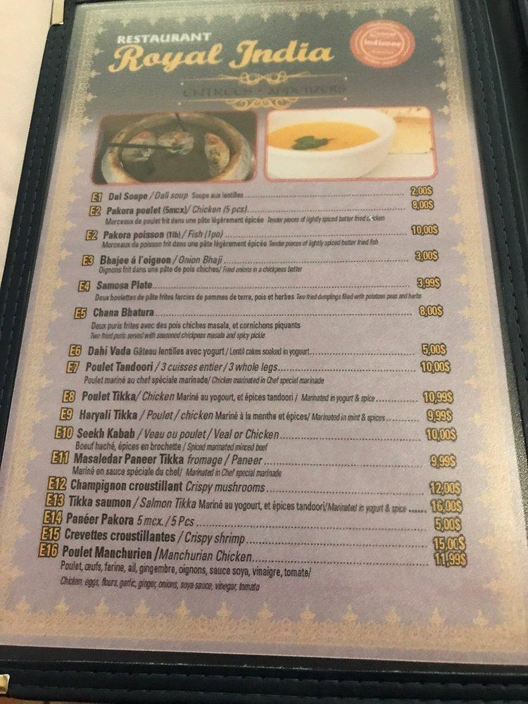 Menu at New Royal India restaurant, Montreal