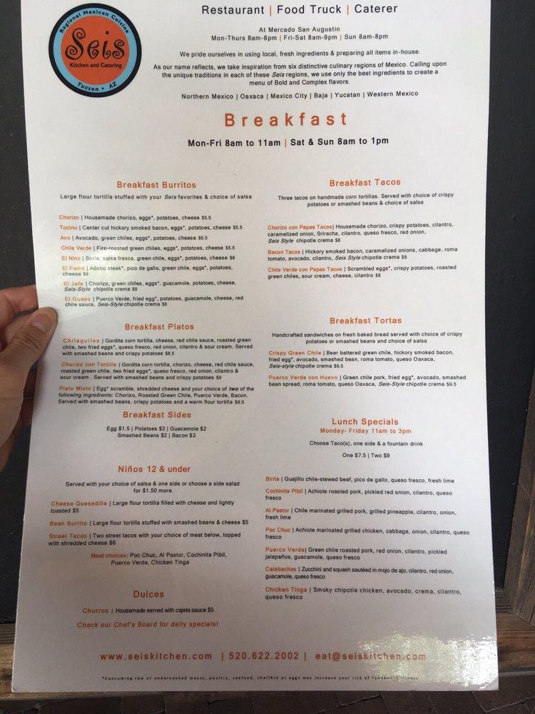 Menu at Seis Kitchen pub & bar, Tucson, 130 South Avenida del Convento #100