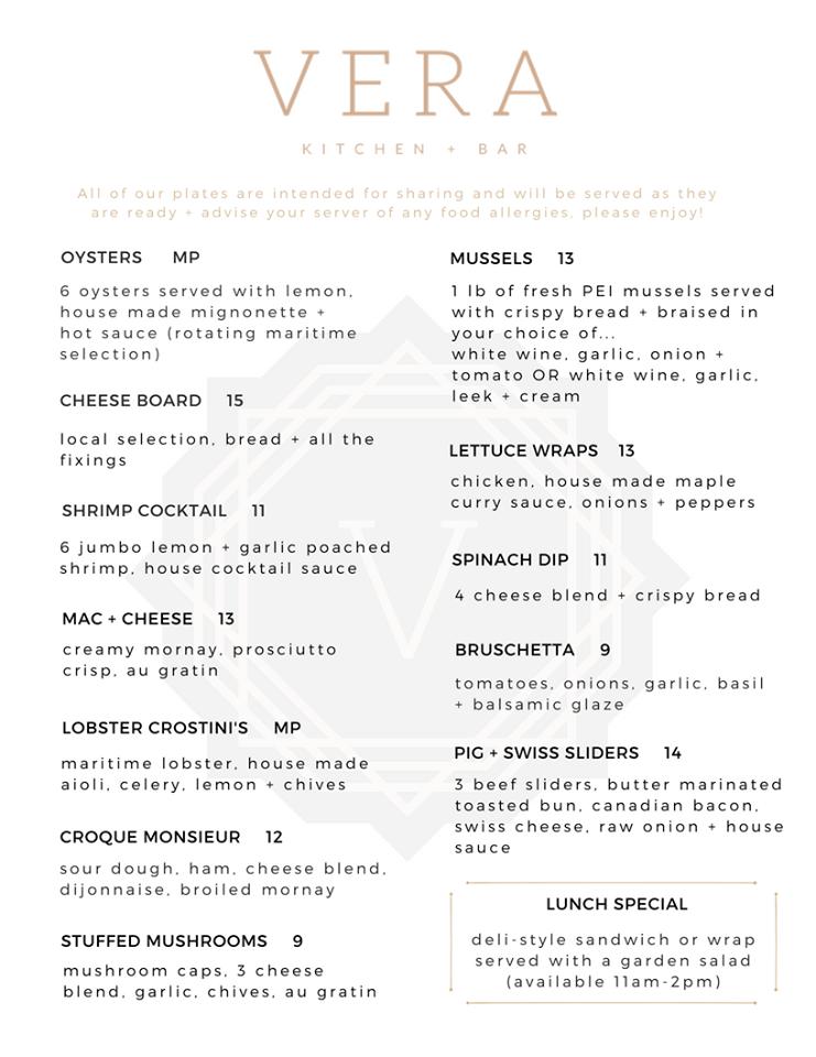 Menu at VERA Kitchen & Bar, Miramichi