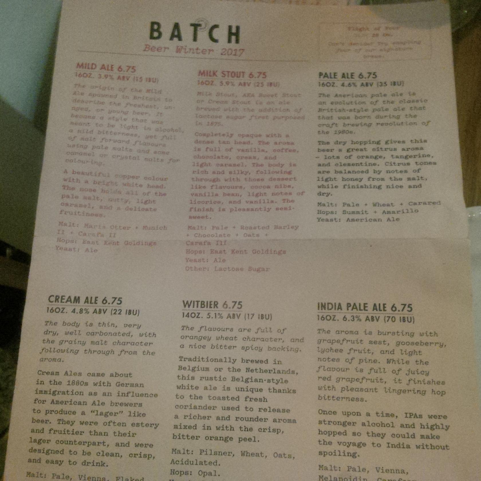 Menu at Batch House pub & bar, Toronto