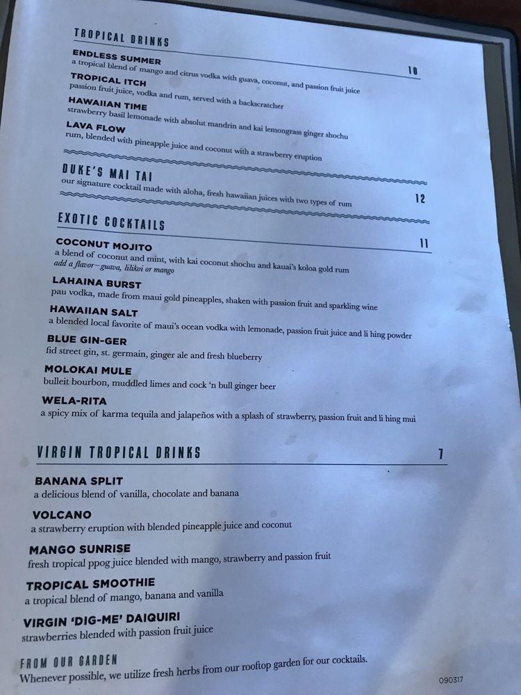 Menu at Duke's Waikiki pub & bar, Honolulu, Kalākaua Ave #116