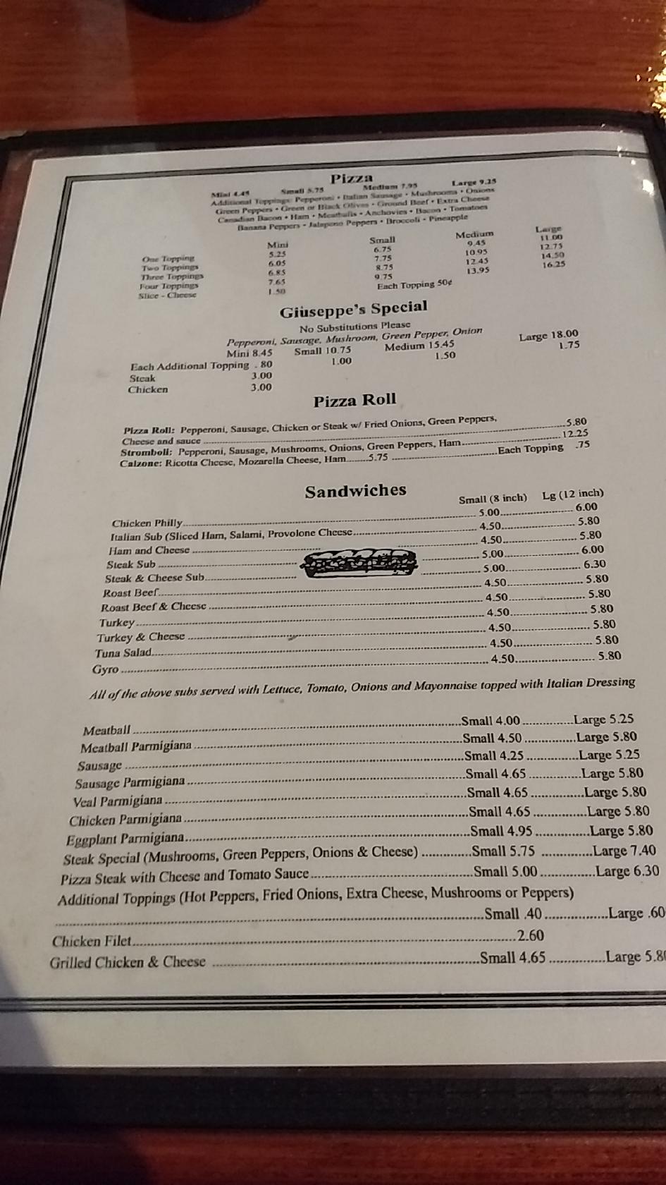 Menu at Giuseppe's Pizza pizzeria, Richmond, Hull Street Rd