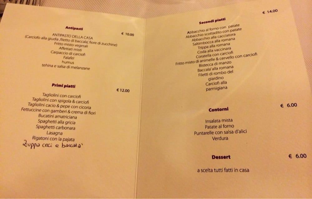Menu at Il Giardino Romano restaurant, Rome, Via del Portico d'Ottavia