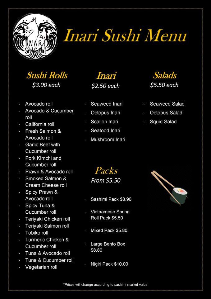 Menu at Inari Sushi restaurant, Seymour