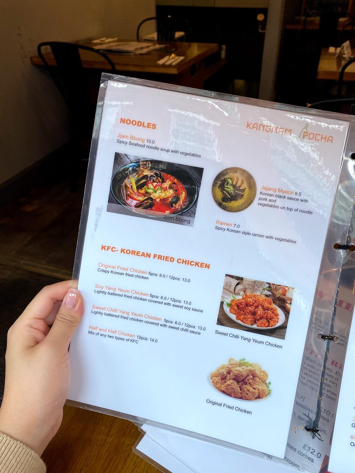 Menu at Kangnam Pocha restaurant, London